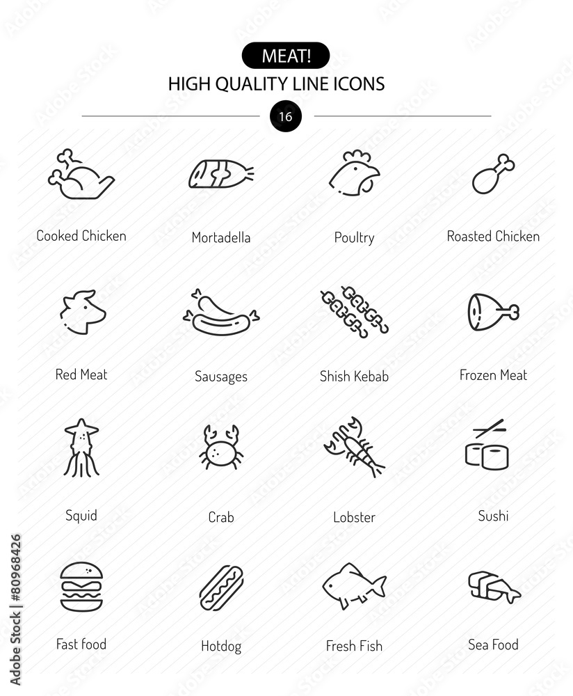 Meat Icons, Line Series: line meat icons including chicken, red Stock ...
