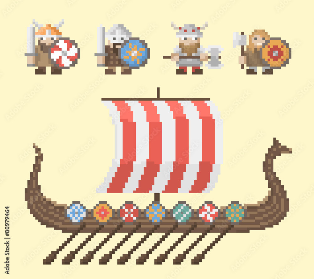 Pixel Art Style Vikings And The Ship Set Stock Vector | Adobe Stock