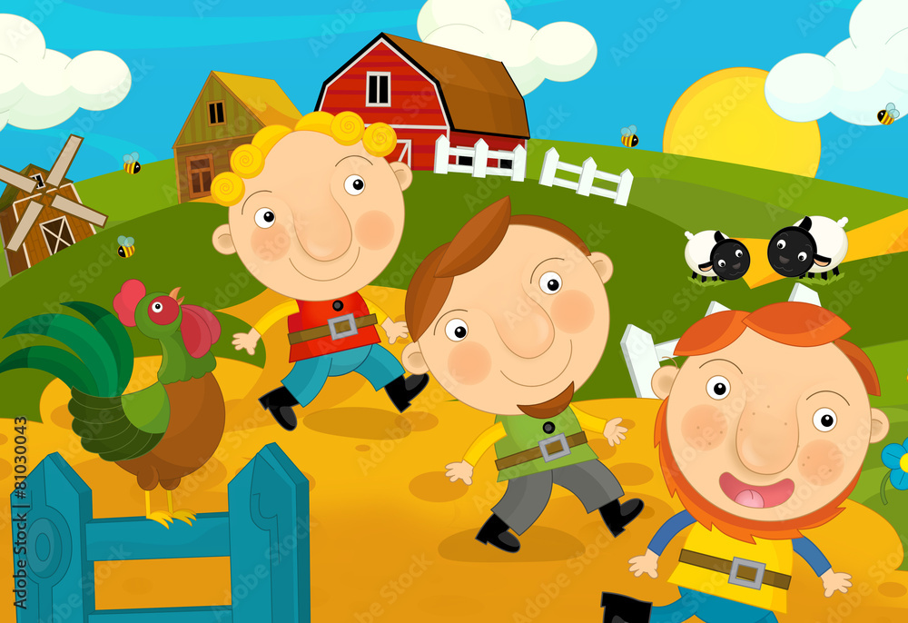 Cartoon happy and funny traditional farm scene - couple villagers going ...