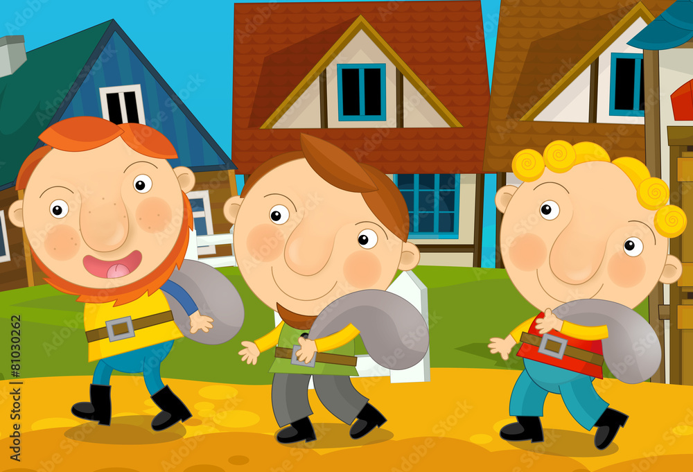 Cartoon scene of medieval peasants walking in the village ...