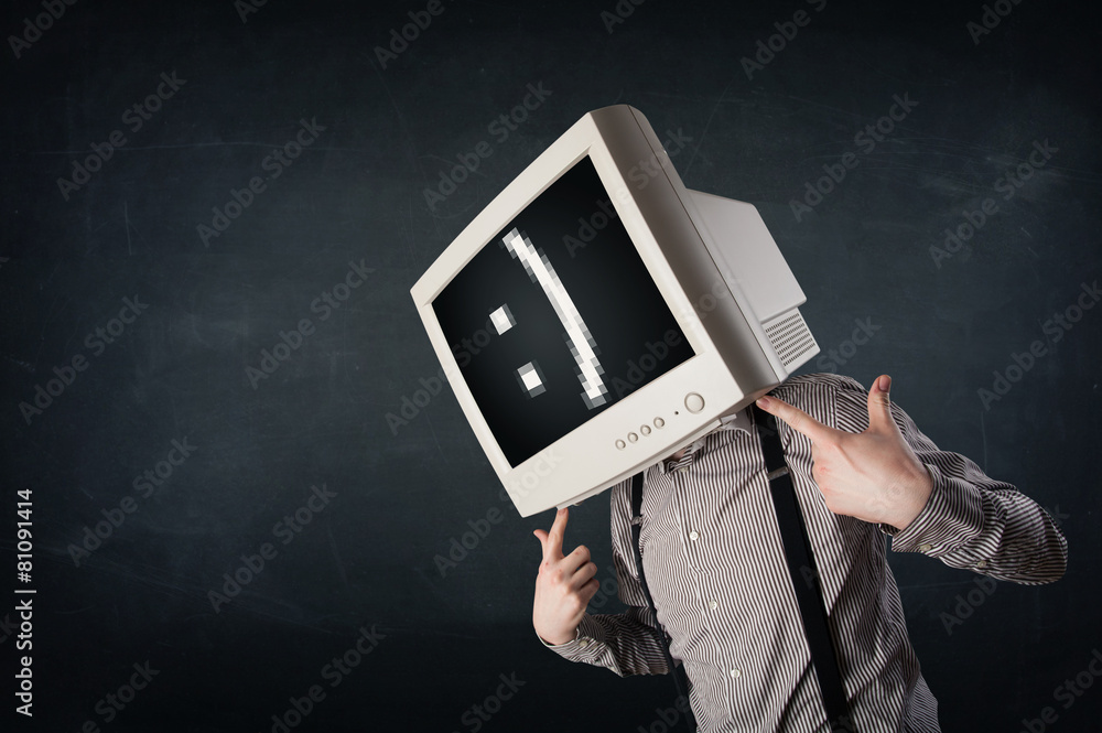 Funny young businessman with a monitor on his head and smiley on Stock ...