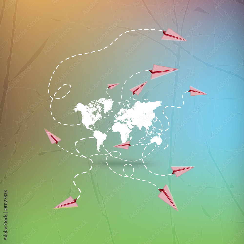 Vector world map with paper planes - background with space for t Stock ...