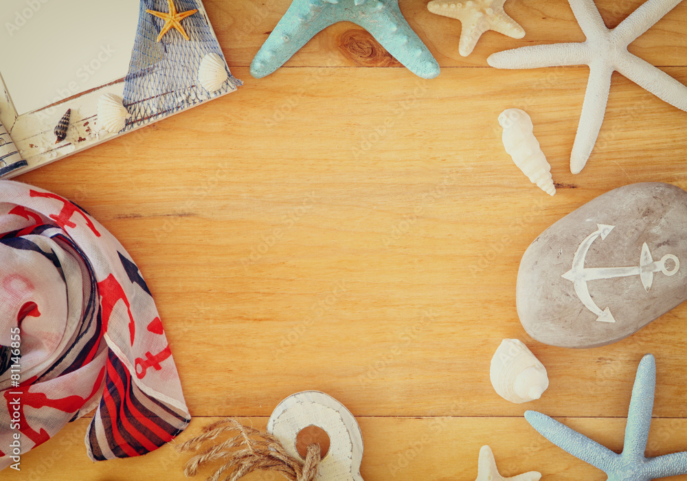 collection of nautical and beach objects creating a frame over w Stock ...