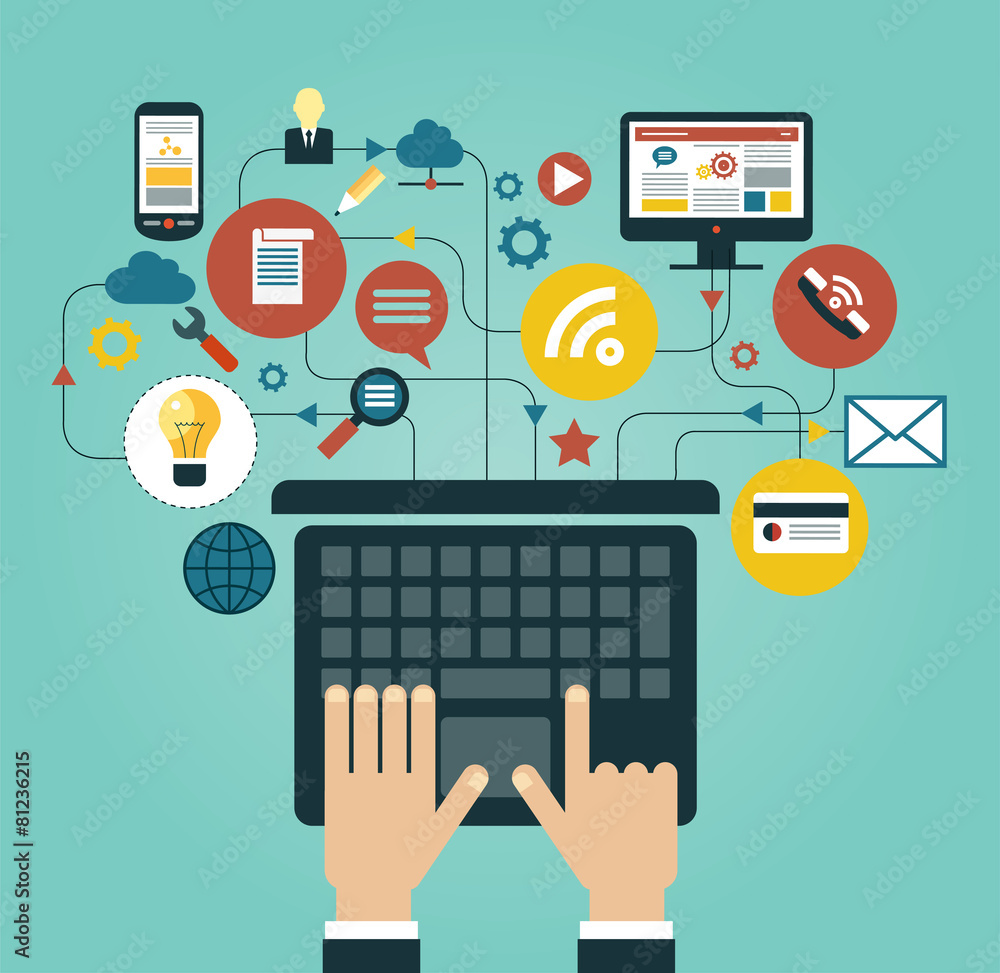 Human hand with a laptop surrounded by icons Stock Vector | Adobe Stock