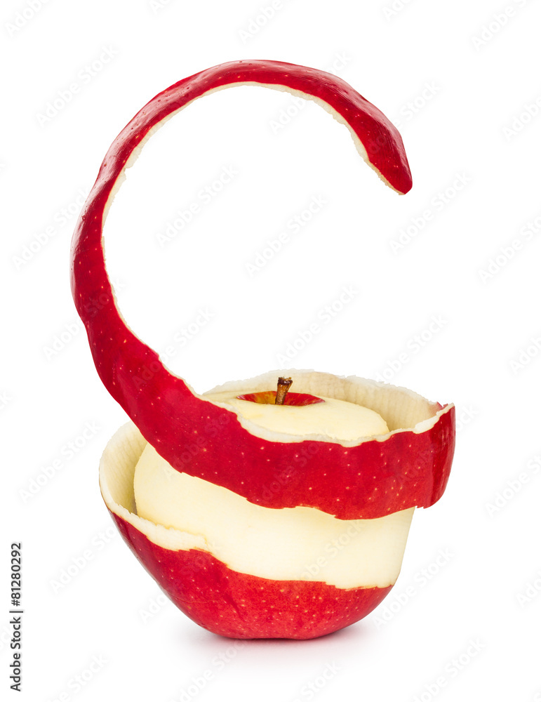 red apple with the peel in a spiral pattern on a white backgroun Stock ...