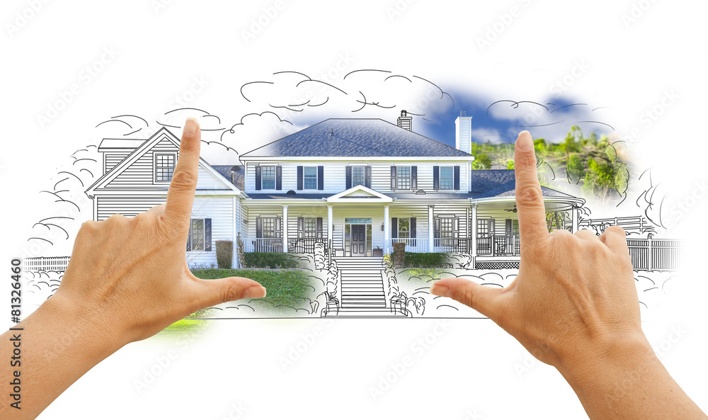 Hands Framing House Drawing and Photo on White Stock Photo | Adobe Stock
