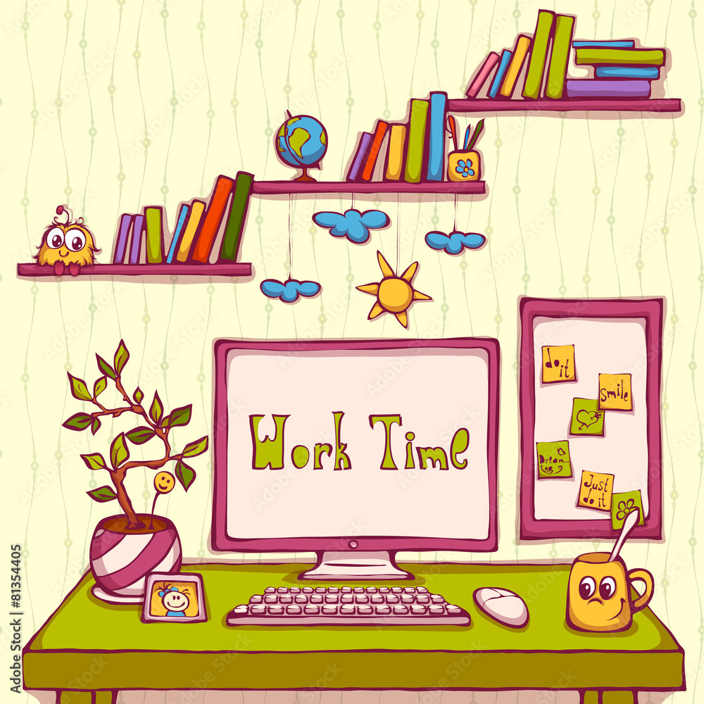 Vector cartoon illustration of workplace in office Stock Vector | Adobe ...