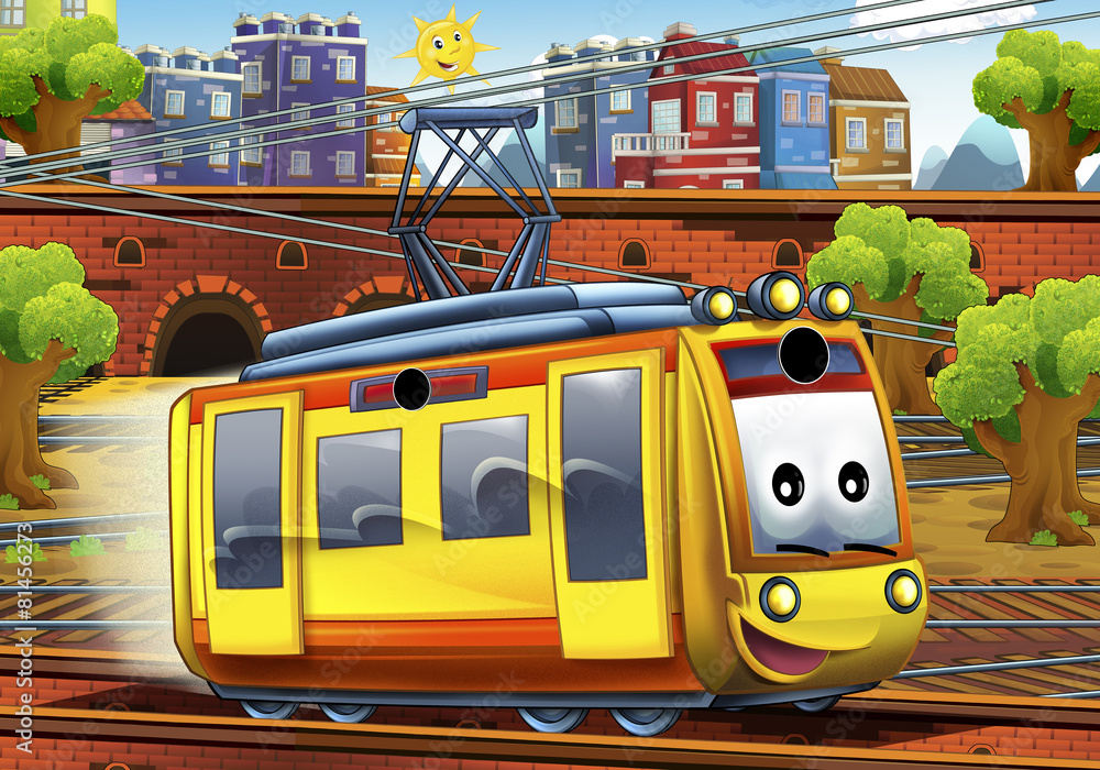 Cartoon tram - caricature - illustration for the children Stock ...