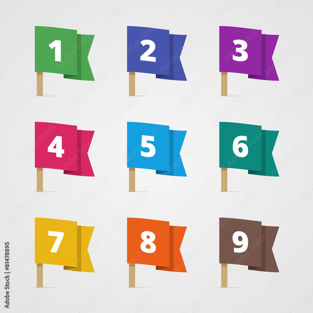 Set of colorful flags with numbers in flat style and material de vector ...