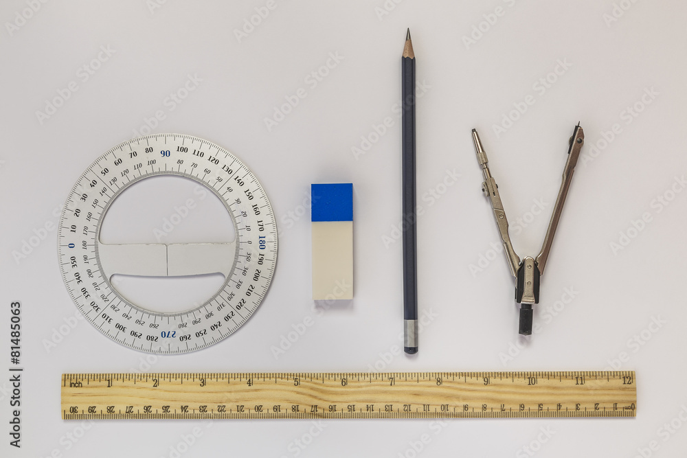 Ruler, compasses, eraser, protractor, pencil Stock Photo | Adobe Stock Ruler, compasses, eraser, protractor, pencil Stock Photo | Adobe Stock
