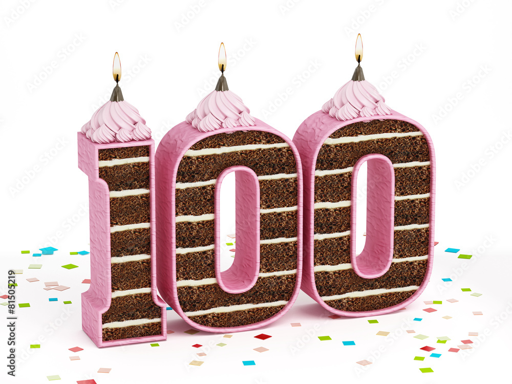 Number 100 shaped chocolate birthday cake with lit candle Stock ...