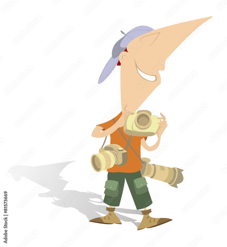 Funny photographer with many cameras Stock Vector | Adobe Stock