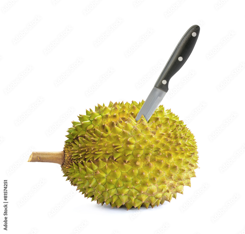 Durian with knife isolated on white background Stock Photo | Adobe Stock