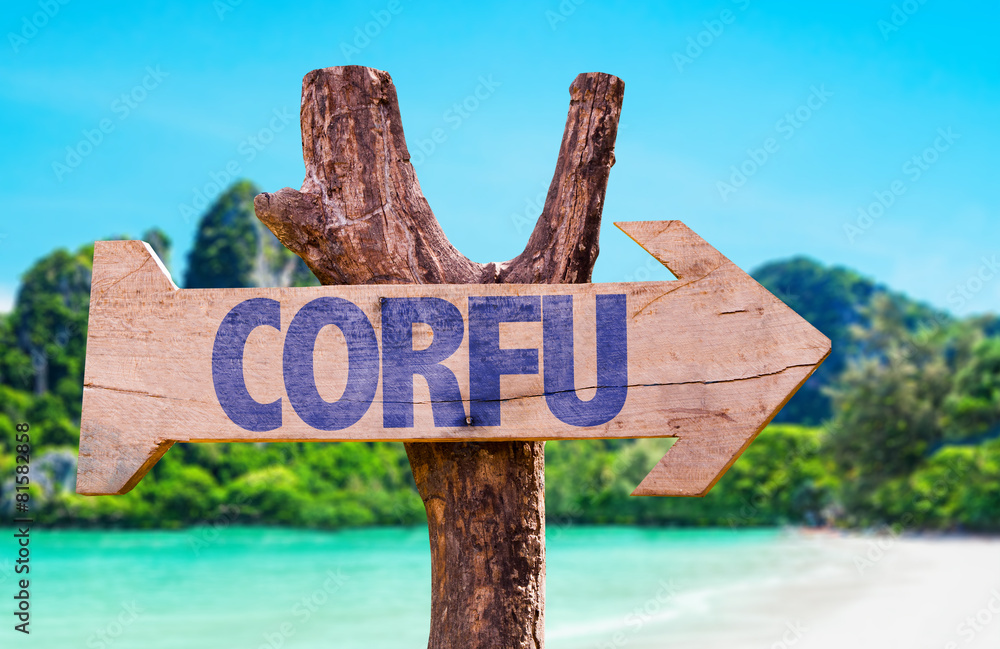 Corfu wooden sign with beach background Stock Photo | Adobe Stock