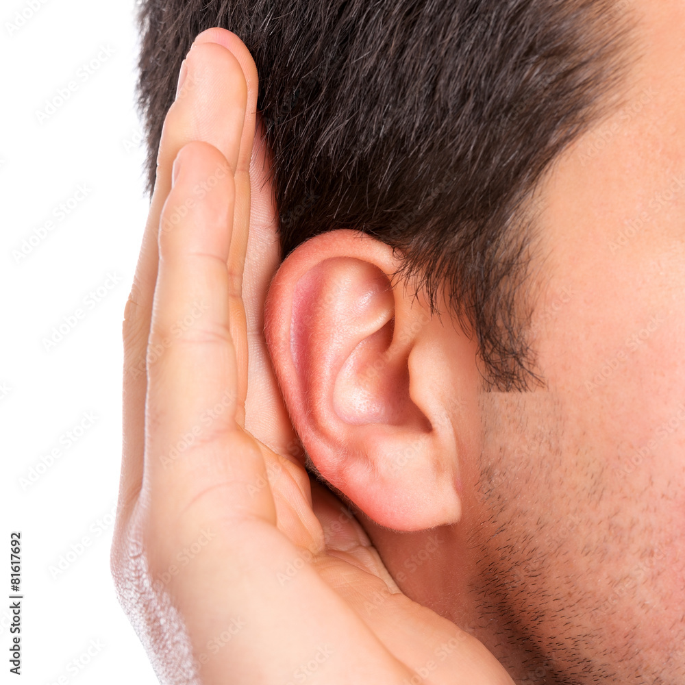 Hand on ear listening for quiet sound foto de Stock | Adobe Stock