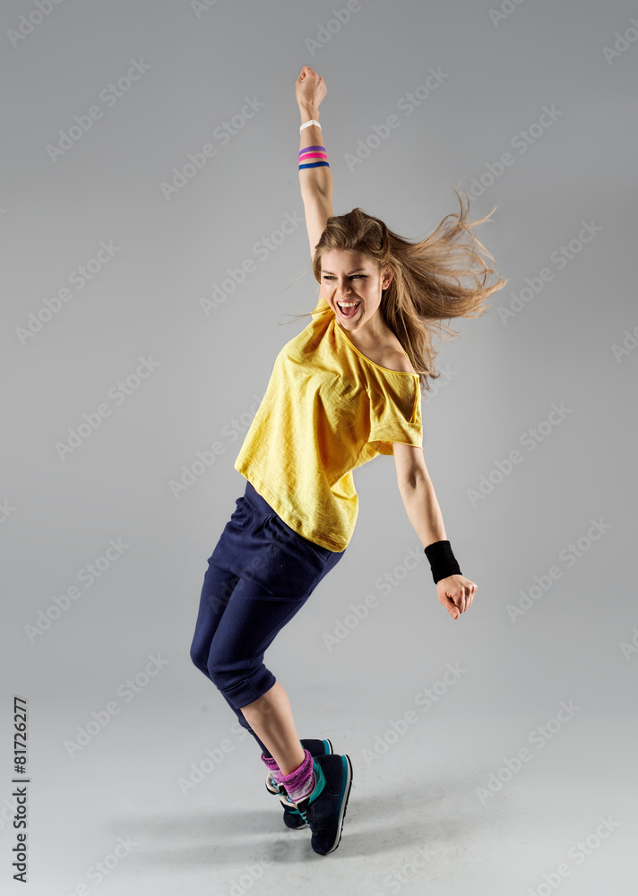Energetic dancing woman screaming doing exercise Stock Photo | Adobe Stock