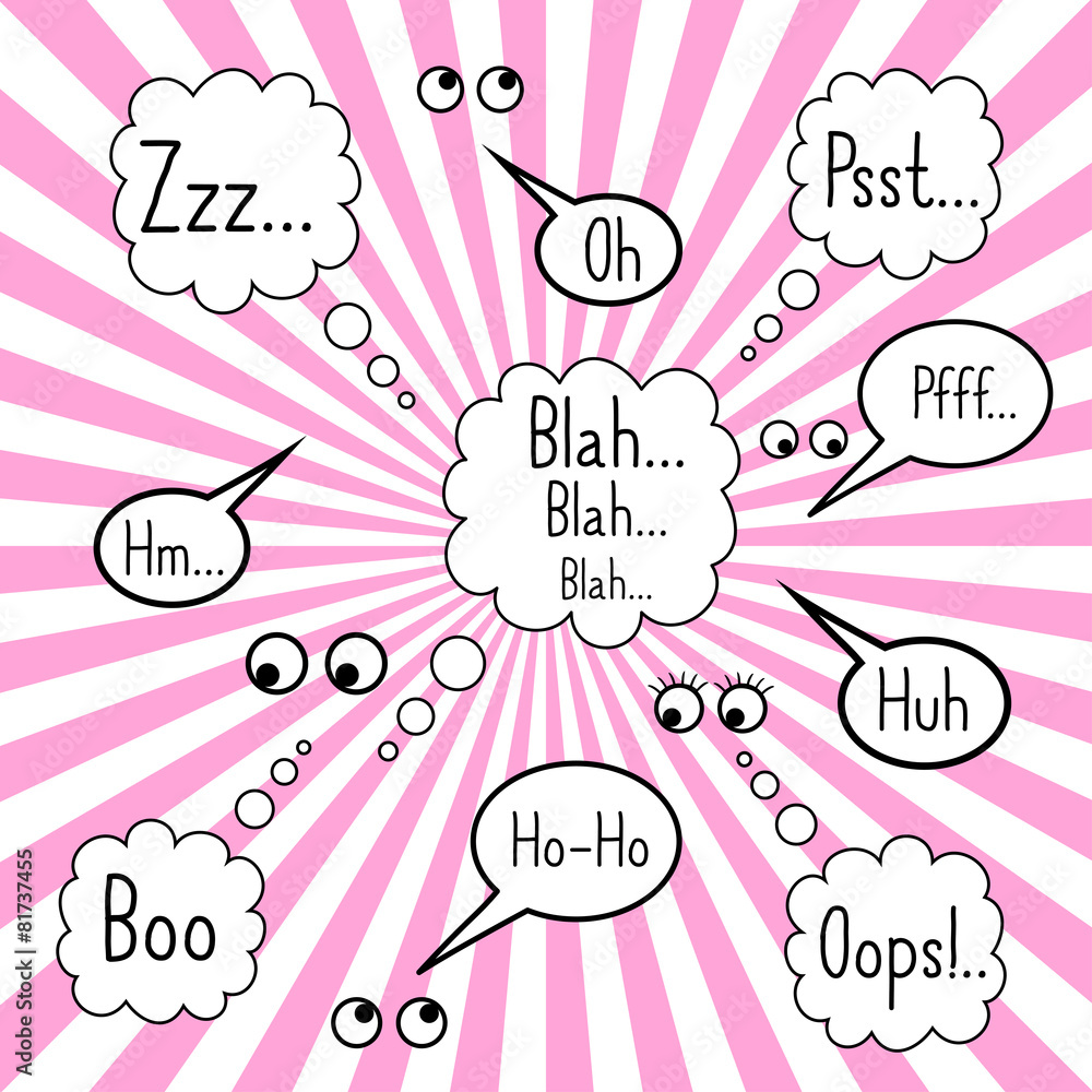 Set of comic speech bubbles with interjections on rays background ...