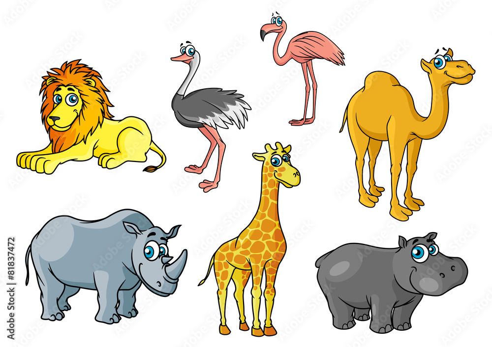 Cartoon african wild animals and birds characters Stock Vector | Adobe ...