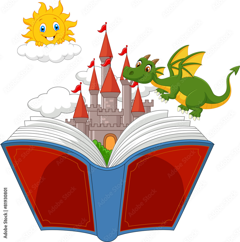 Story book with castle, dragon and sun Stock Vector | Adobe Stock