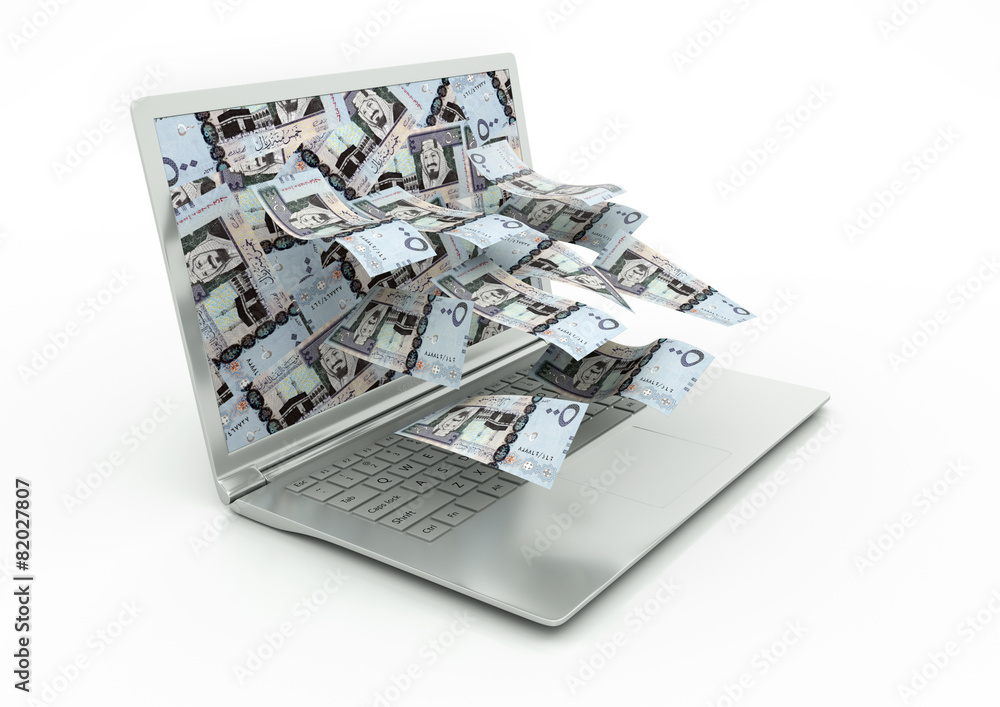 3D Saudi Arabia money coming out of Laptop monitor isolated in white ...