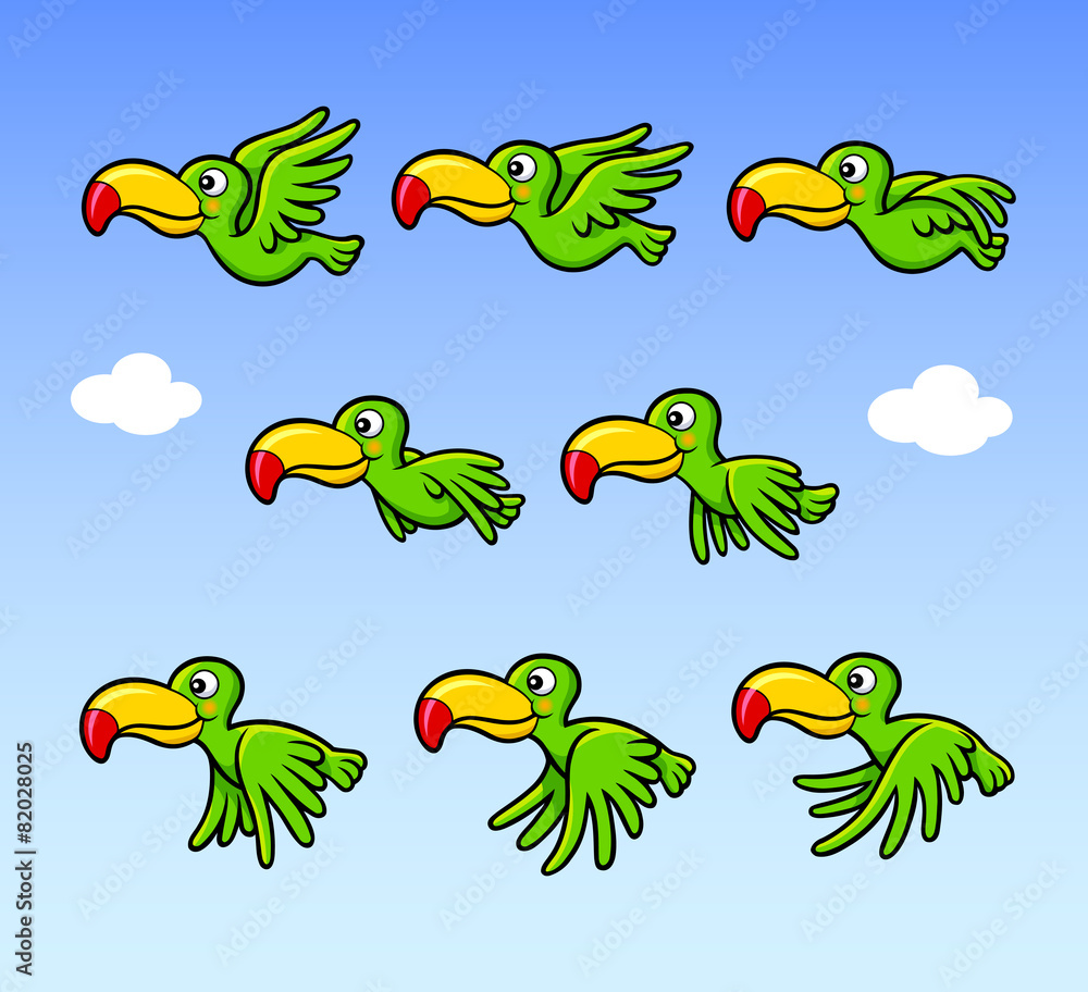 Vetor de Flying happy bird cartoon character sprite sheet game asset do ...
