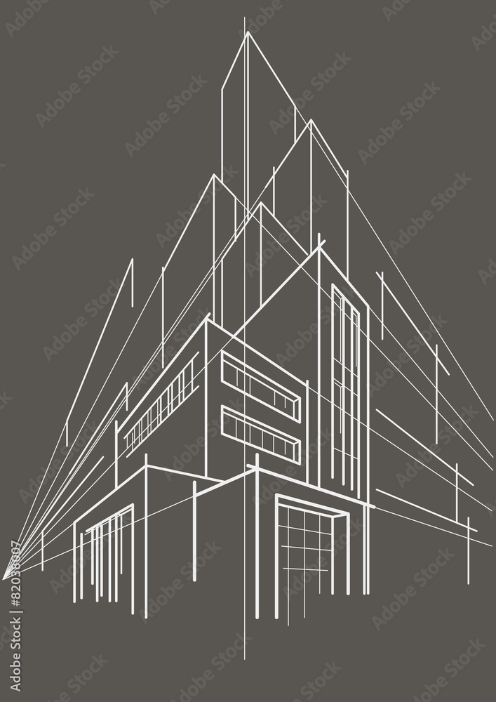 abstract linear sketch multi-storey building gray background Stock ...