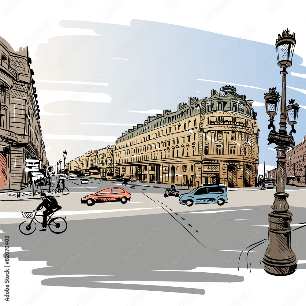 Grafika wektorowa Stock: Paris street hand drawn, vector illustration ...
