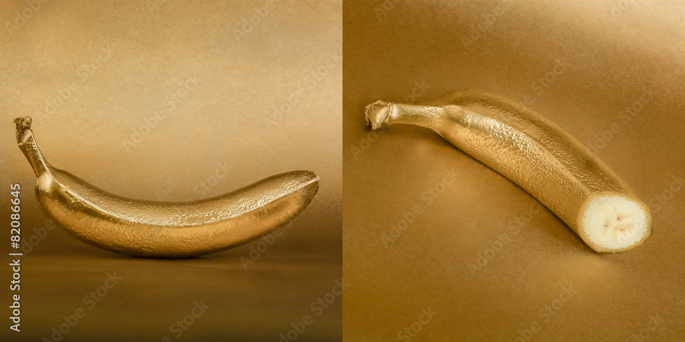 Whole and opened banana with golden peel on gold background Stock Photo ...