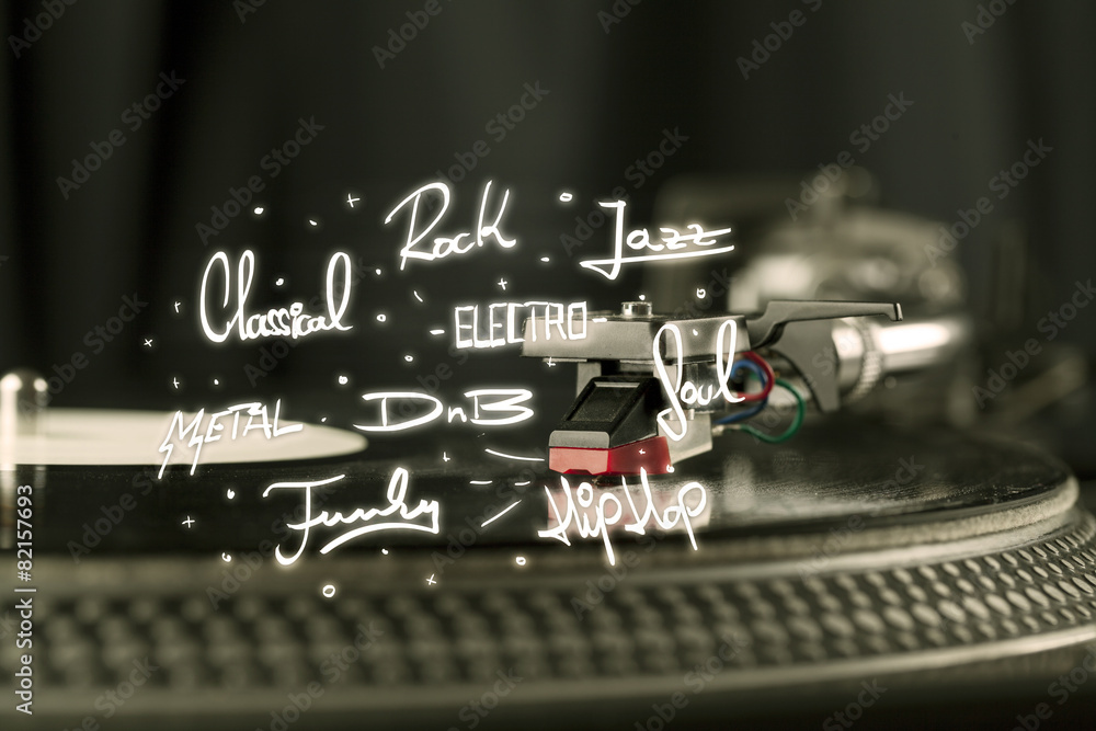 Turntable with vinyl and music genres writen Stock Photo | Adobe Stock