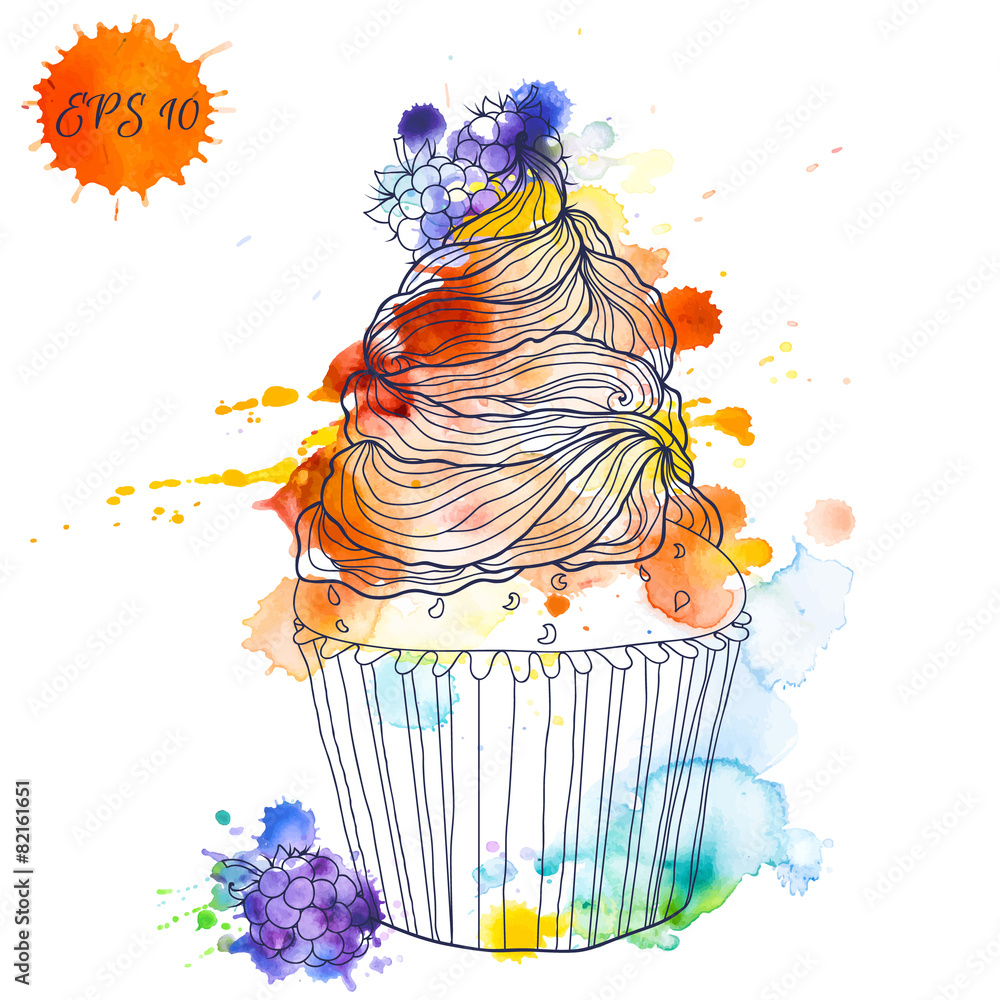 Hand painted watercolor blackberry muffin. Vector illustration. Stock ...