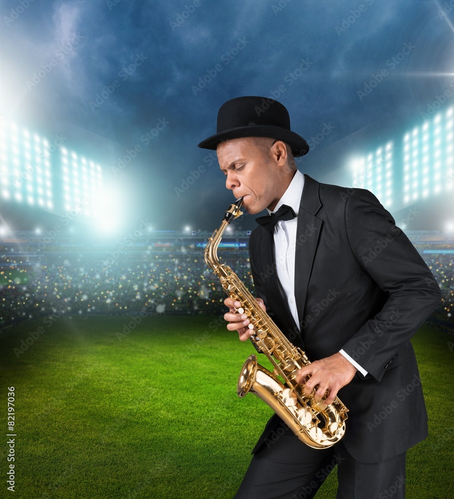Poster Sax. Black american jazz saxophone player. Vintage. Studio shot ...