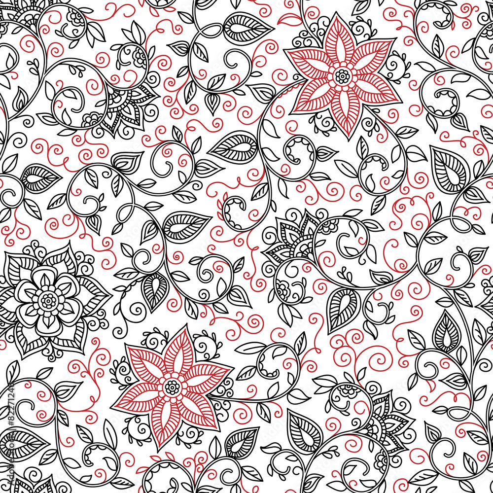 vector seamless black and red floral pattern Stock Vector | Adobe Stock