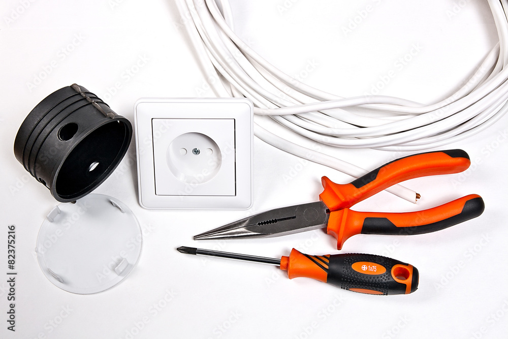 Electrician tools, cable, box for installation of sockets and wa Stock ...