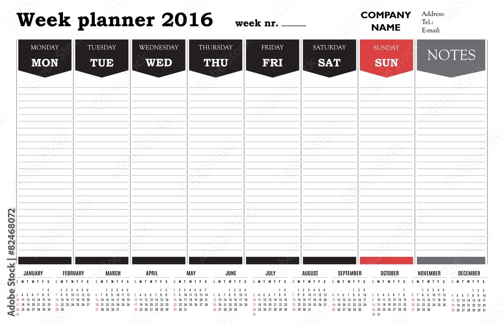 Week planner 2016 calendar template Stock Vector | Adobe Stock