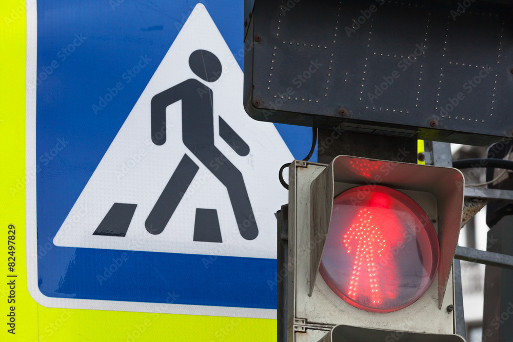 Pedestrian crossing road sign and traffic lights Stock Photo | Adobe Stock