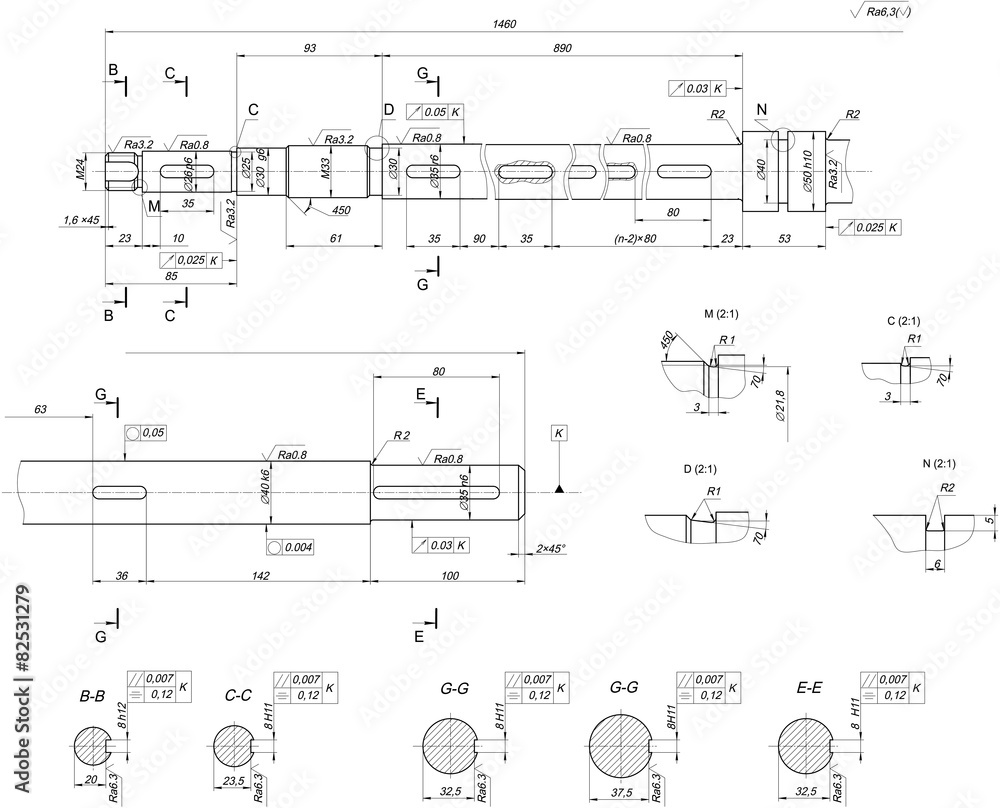 Expanded shaft sketch. Engineering drawing Stock Vector | Adobe Stock