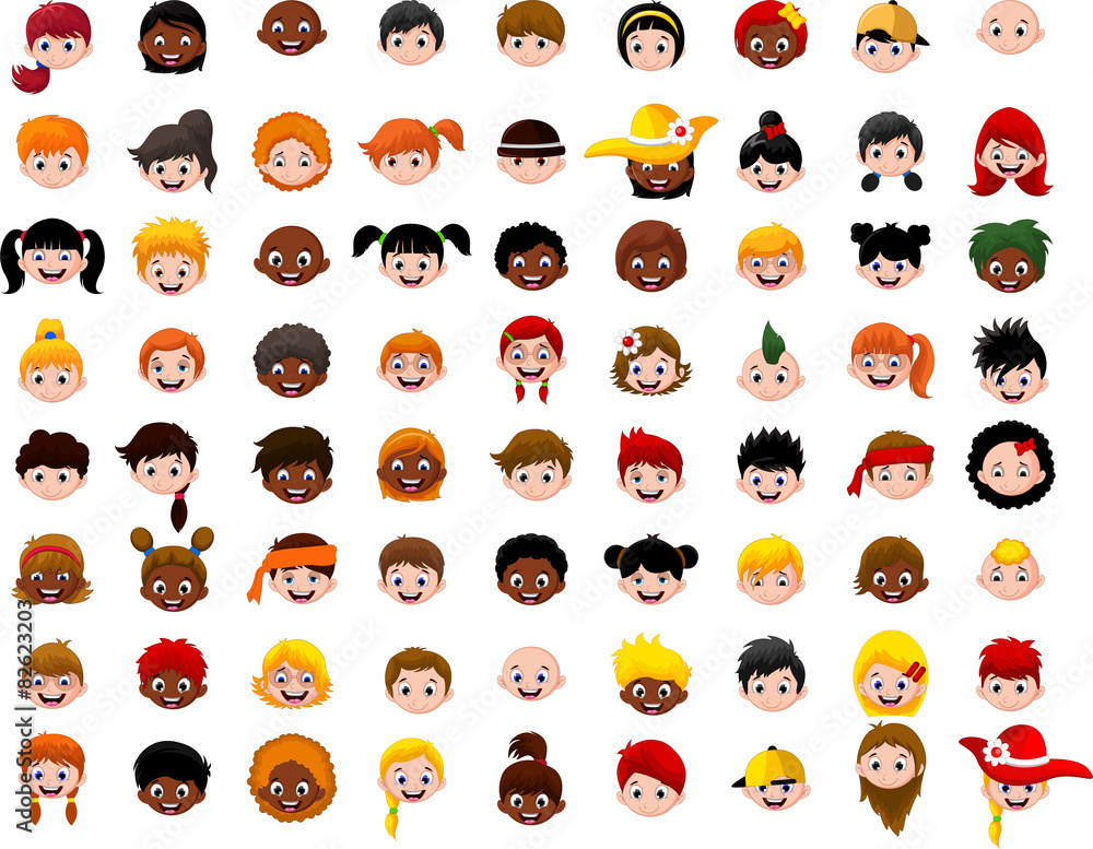 big Set of cartoon children head Stock Vector | Adobe Stock