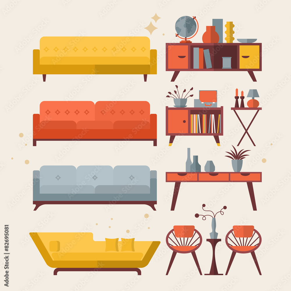 Mid century furniture flat modern icons design Stock Vector | Adobe Stock