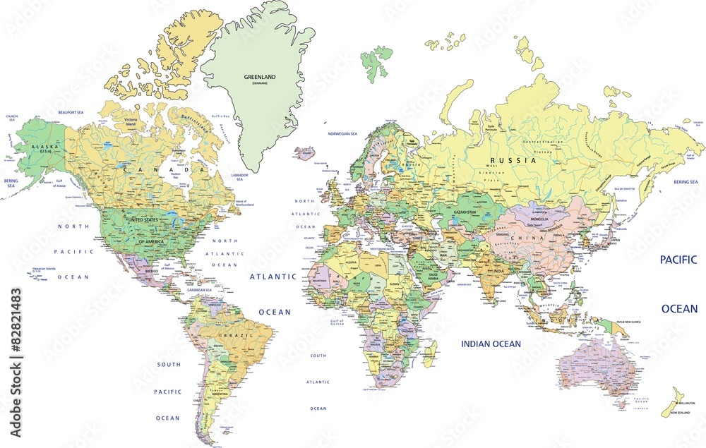 Highly detailed political World map with labeling. Stock Illustration ...
