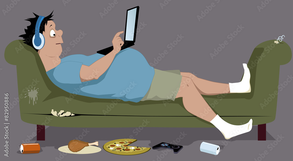 Overweight guy lying on a couch with a laptop Stock Vector | Adobe Stock Overweight guy lying on a couch with a laptop Stock Vector | Adobe Stock
