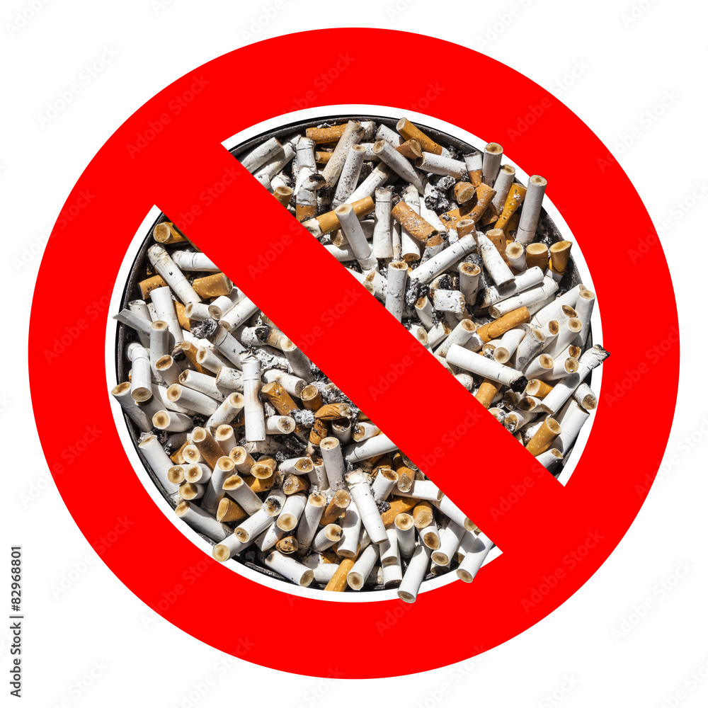 No smoking! Prohibition sign - ashtray full of cigarette ends. Stock ...