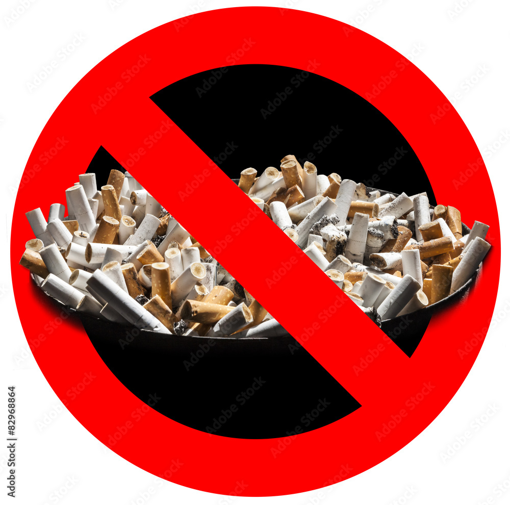 No smoking! Prohibition sign - ashtray full of cigarette ends. Stock ...