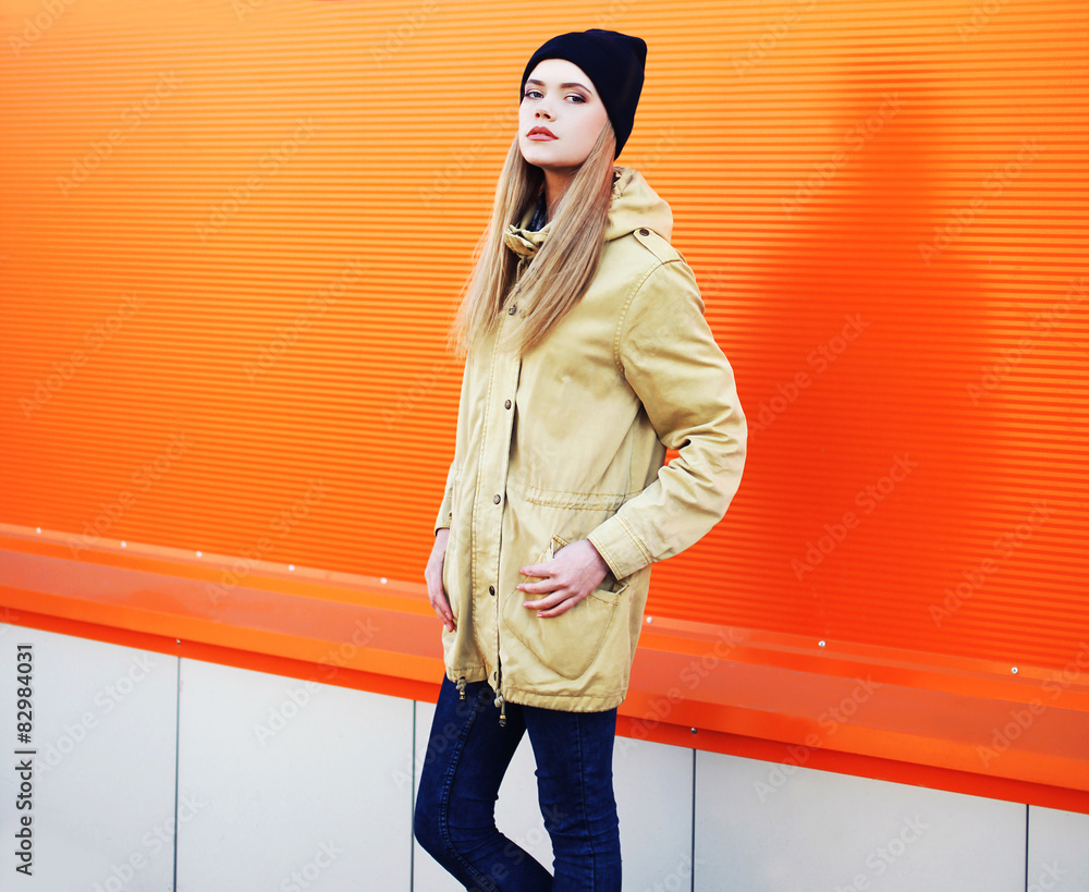 Outdoor Fashion Portrait Of Stylish Hipster Girl Standing In The Stock
