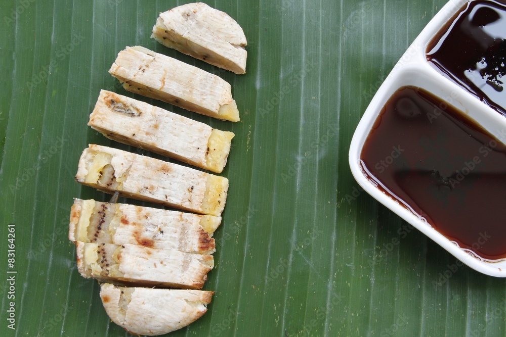 Fire banana put on banana leaf Stock Photo | Adobe Stock