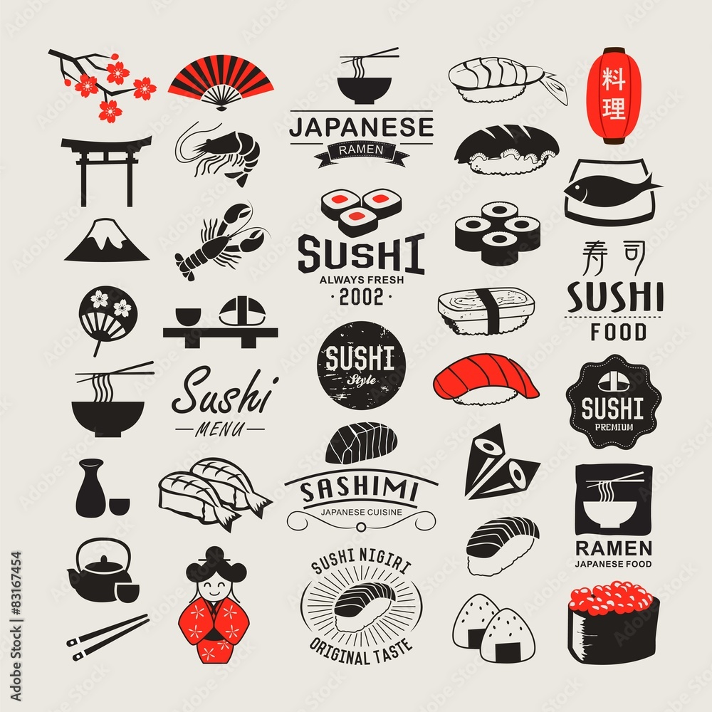 Sushi design elements, logos, label and icons Stock Vector | Adobe Stock