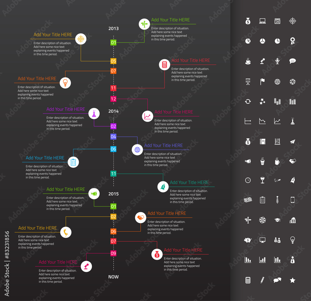 Modern flat timeline with rainbow milestones and dark background Stock ...