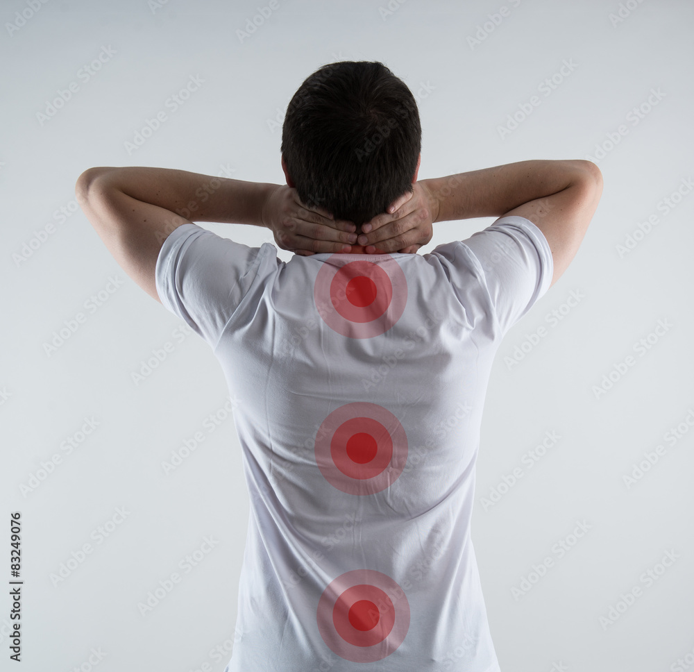 Spinal cord problem. Male back with red points on spine Stock Photo ...