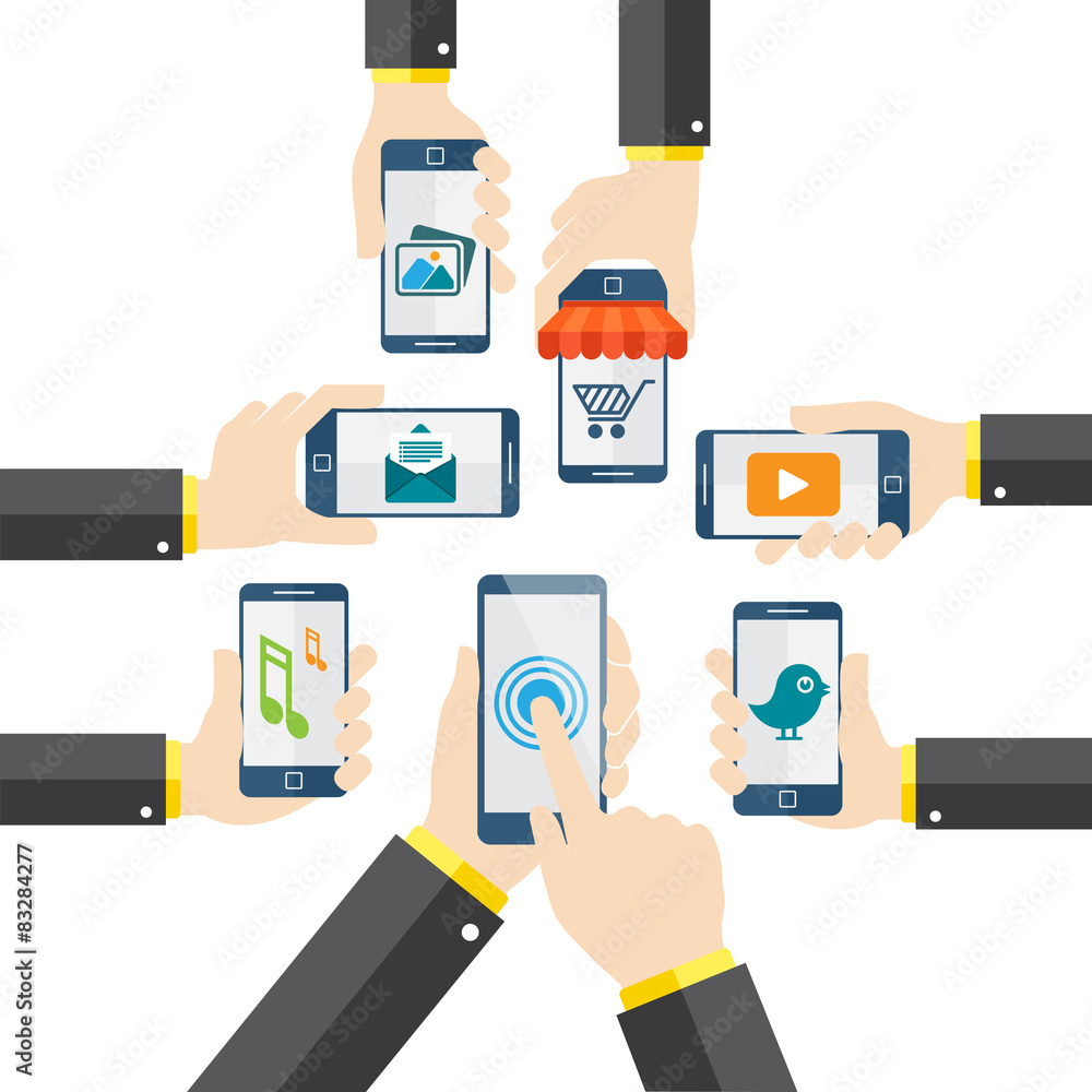 Hand holding mobile phone vector illustration apps concept Stock Vector ...