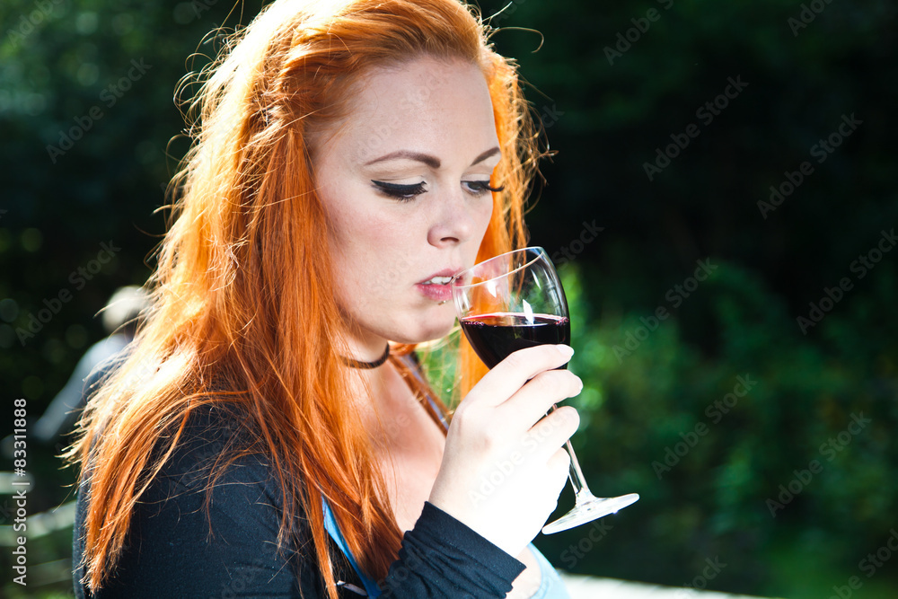 Red hair girl in pin-up style portrait with sunlight in the hair Stock ...