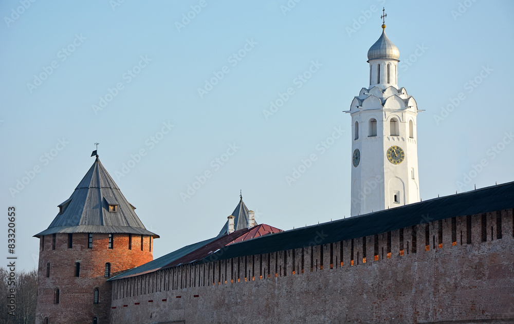 Old towers of Novgorod Kremlin, Veliky Novgorod, Russia Stock Photo ...